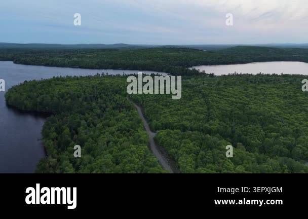 Drone flying high toward two ponds over a remote forest and dirt roads ...