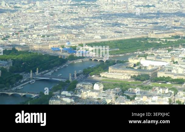Aerial view of Paris cityscape with the Seine River and bridges ...