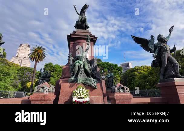 The bronze figure of the liberator General San Martin on his horse at ...