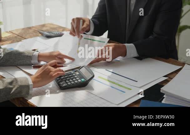 Business people Hands pointing papers calculator business meeting ...