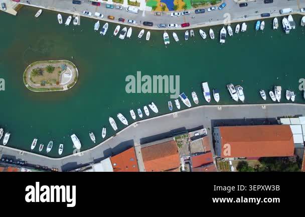 Breathtaking top down aerial view of vrboska harbor on hvar island ...