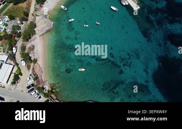 Idyllic aerial top down view of zavala beach on hvar island in croatia ...
