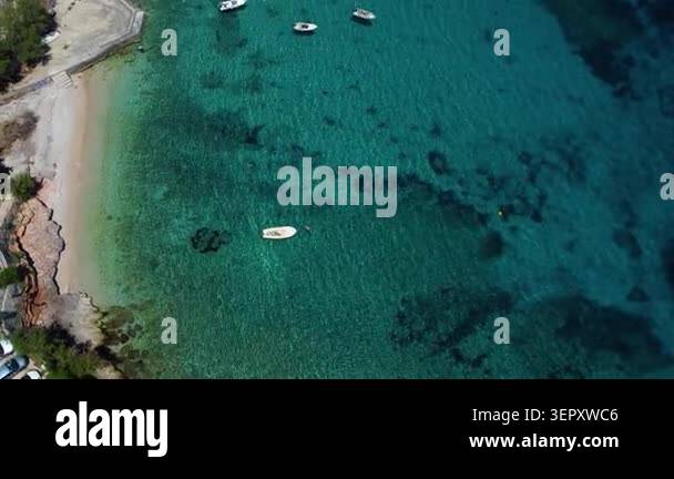 Idyllic aerial top down view of a secluded cove in zavala, croatia ...