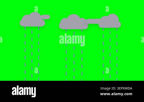 Three animated cartoon rain clouds with falling raindrops on a vibrant ...