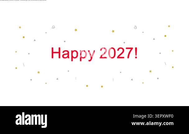 A festive animation wishing 'Happy 2027!' with scattered confetti on a ...