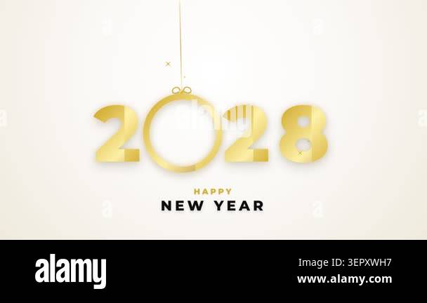 A festive golden Happy New Year 2028 greeting with a hanging ornament ...