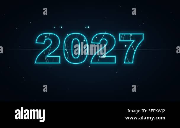 A digital representation of the year 2027 in glowing neon blue ...