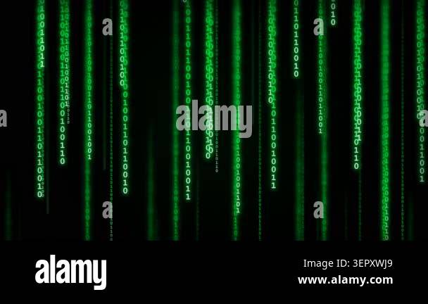 Abstract green digital rain code falling down on a black background ...