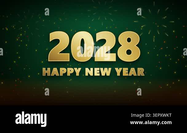A festive animation wishing a Happy New Year 2028 with golden text on a ...