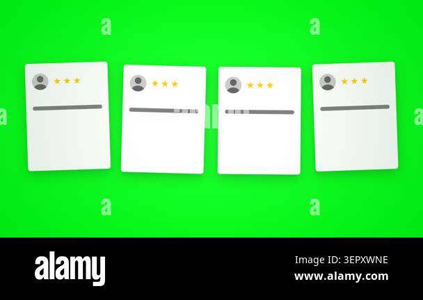 Four customer review cards with star ratings appear and disappear on a ...