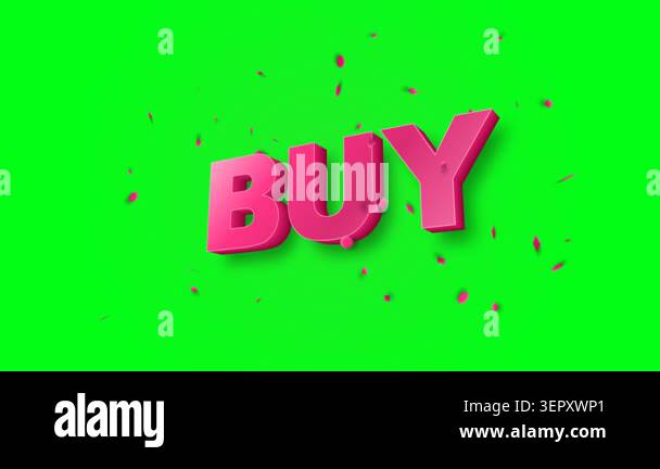 A vibrant pink 'BUY' text animates with falling confetti against a ...