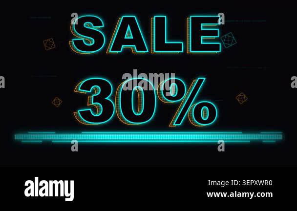 A vibrant neon sign displays 'SALE 30%' with a modern glitch effect ...