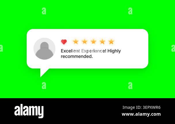 An animated speech bubble displays a five-star rating, a heart icon ...