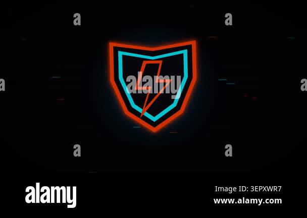 A neon shield with a lightning bolt symbol in the center, displaying a ...