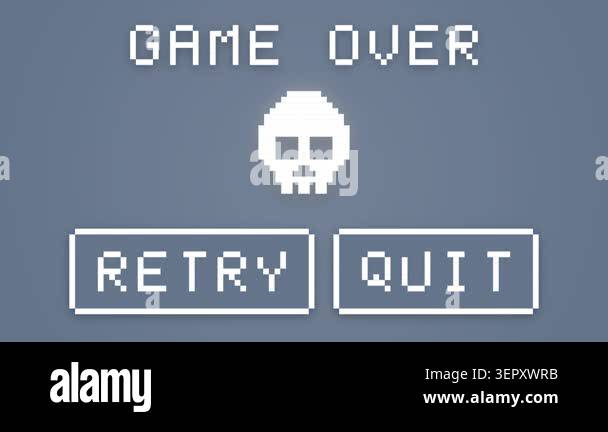 A retro pixel art 'Game Over' screen featuring a skull icon and ...