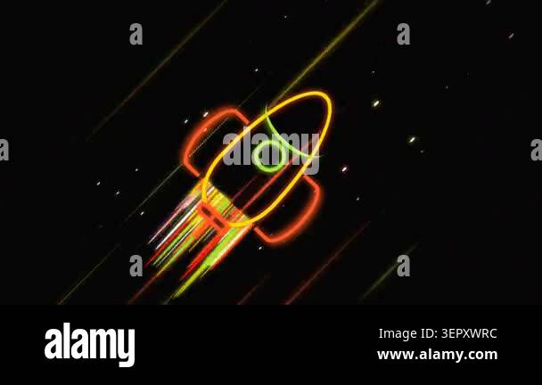 A vibrant neon rocket icon launches and flies through a dark space ...