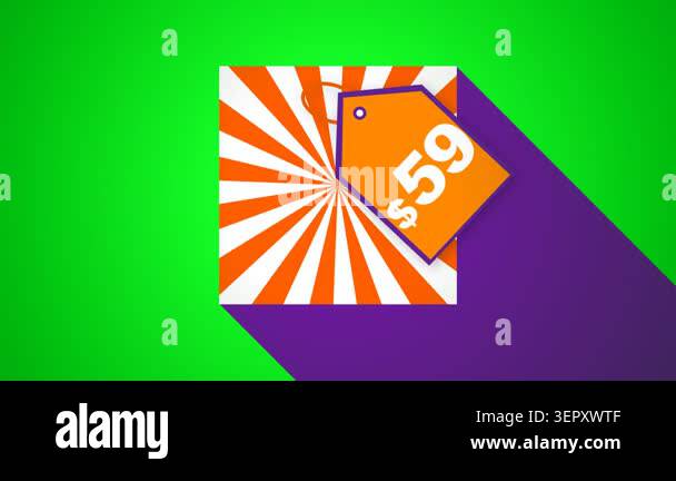 A vibrant animation featuring an orange price tag with "$59" on a ...