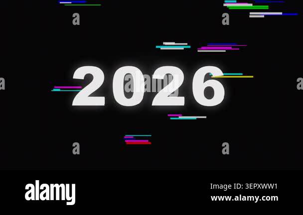 A dynamic digital glitch animation displaying the year 2026 with ...