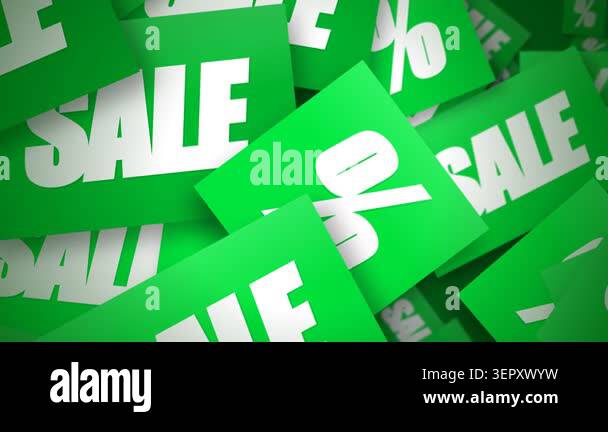 Green cards with 'SALE' and percentage symbols are falling, creating a ...