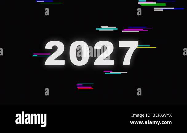 A dynamic digital animation displaying the year 2027 with a retro ...