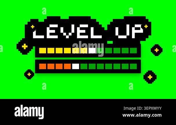 A pixelated 'Level Up' message appears with progress bars filling up ...