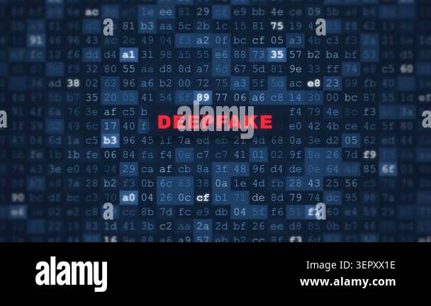 A conceptual digital background featuring the word Deepfake in red text ...