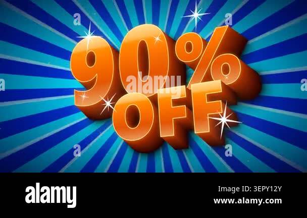 A vibrant 3D graphic featuring ninety percent off text with a glossy ...