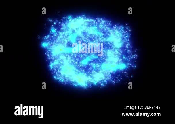 Futuristic energy sphere explosion with glowing blue plasma particles ...