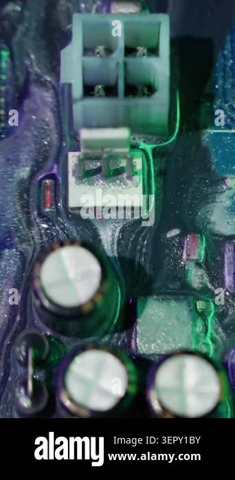 Vertical video. Neon paint pour. Digital hardware. Blur purple blue ...