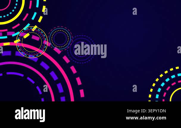 A dynamic motion graphic featuring glowing neon circular patterns and ...