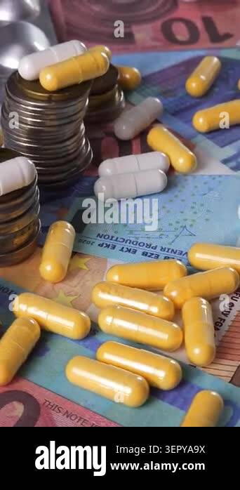 Close-up of yellow capsules and white pills scattered on euro banknotes ...