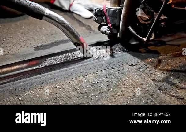Close-up of a worker servicing the groove of an embedded tram rail with ...