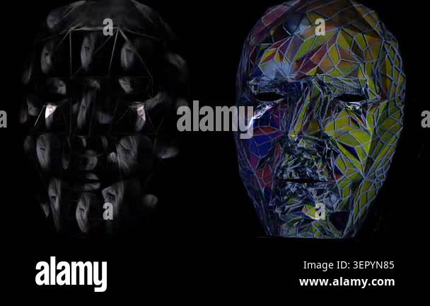 a physical, low-poly structural human face mask that serves as a canvas ...