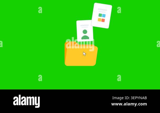 Animated yellow folders and white file icons representing digital data ...