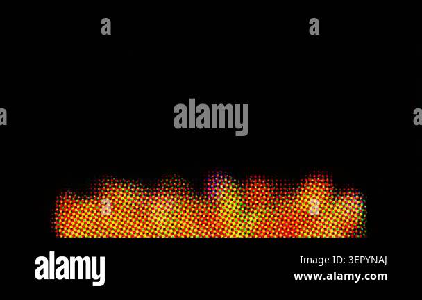 A retrostyle halftone animation showing glowing orange and yellow fire ...