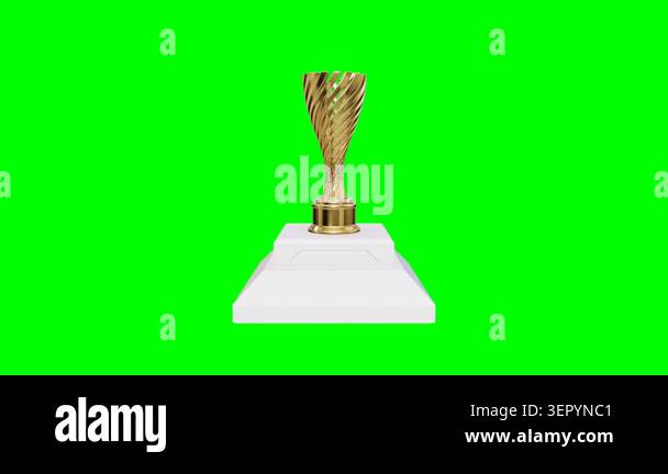 A shimmering golden world cup trophy rotates on a sleek white marble ...