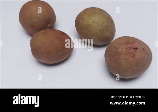 Close up of ripe brown sapodilla fruits or fresh chiku on clean white ...