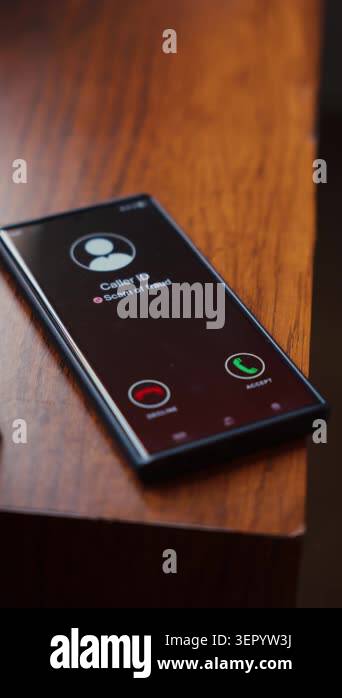 Scam Call Warning on Smartphone Screen Lying on Wooden Table. Phone ...