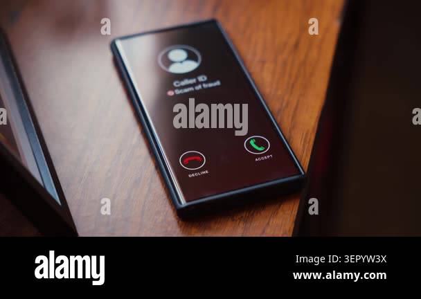 Scam Call Warning on Smartphone Screen Lying on Wooden Table. Phone ...