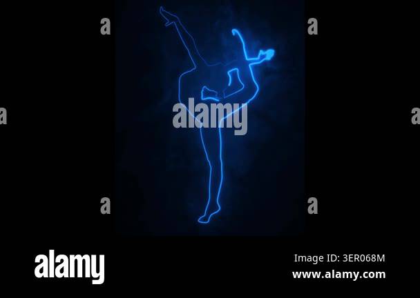 Graceful rhythmic gymnastics silhouette in glowing blue light moving ...