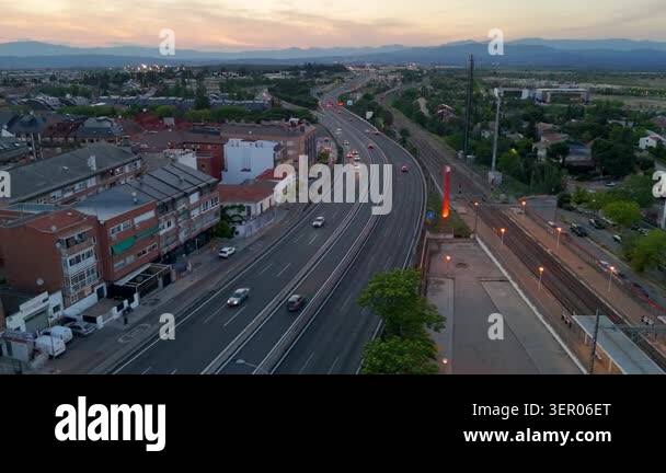 Las Rozas de Madrid, Spain, May 28, 2026: Aerial shot showing vehicle ...
