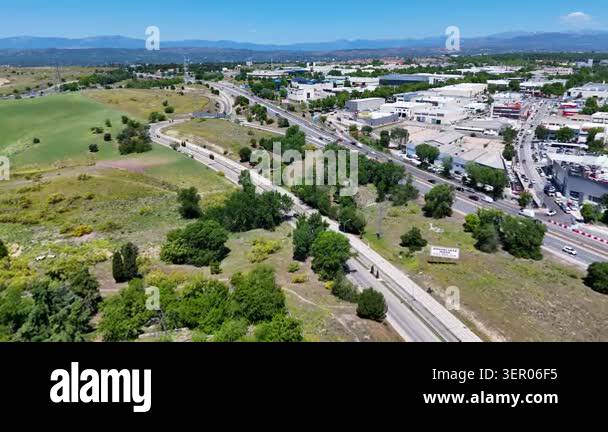 Las Rozas de Madrid, Spain, May 28, 2026: Aerial shot of an industrial ...