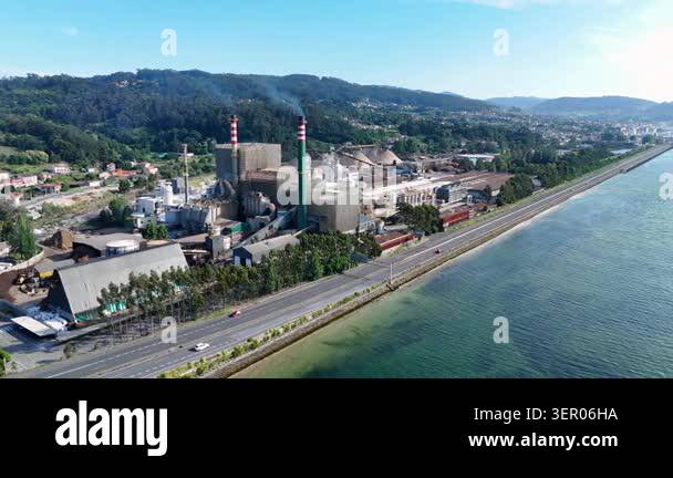 Aerial view of Ence factory polluting the Ria de Pontevedra Stock Video ...