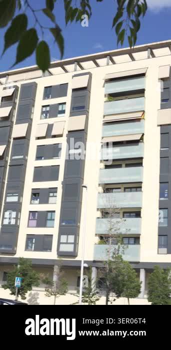 Modern apartment buildings under bright blue sky. Green tree branches ...