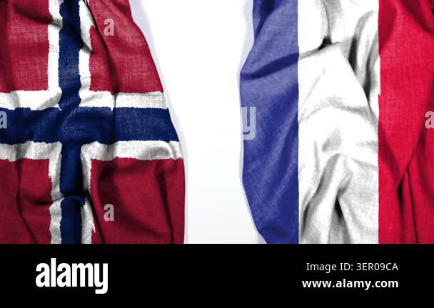 France and Norway flags overlapping, close-up fabric texture ...