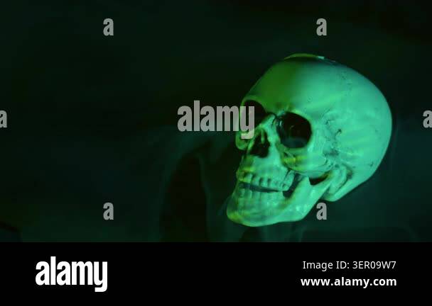 Close up view of a human skull illuminated by colorful dramatic ...