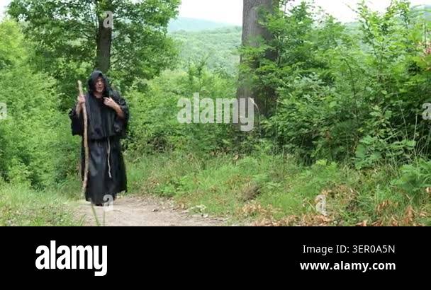 Pilgrim with a wooden staff walks along a path surrounded by dense ...