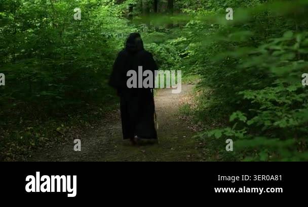Rear view of a monk making a walking pilgrimage through a forest ...