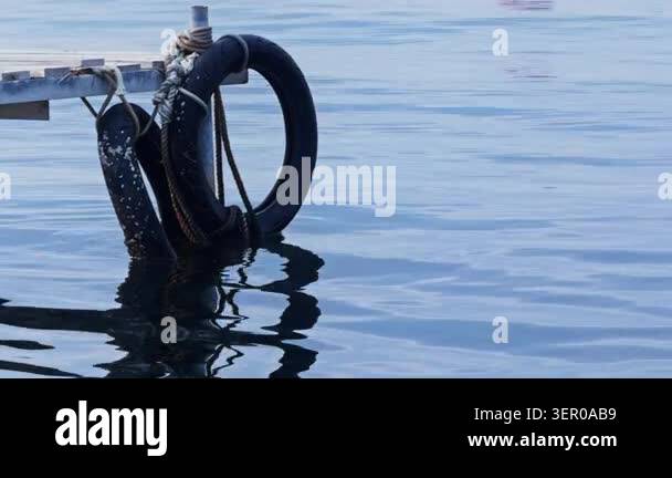 A close up shot of a weathered car tire hanging on a dock wall used as ...