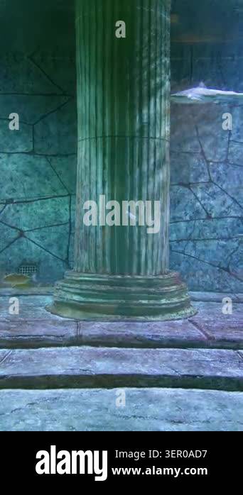 A mysterious underwater scene featuring an ancient-style fluted stone ...